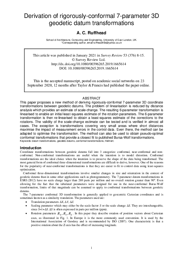 (PDF) Derivation of rigorously-conformal 7-parameter 3D geodetic datum ...