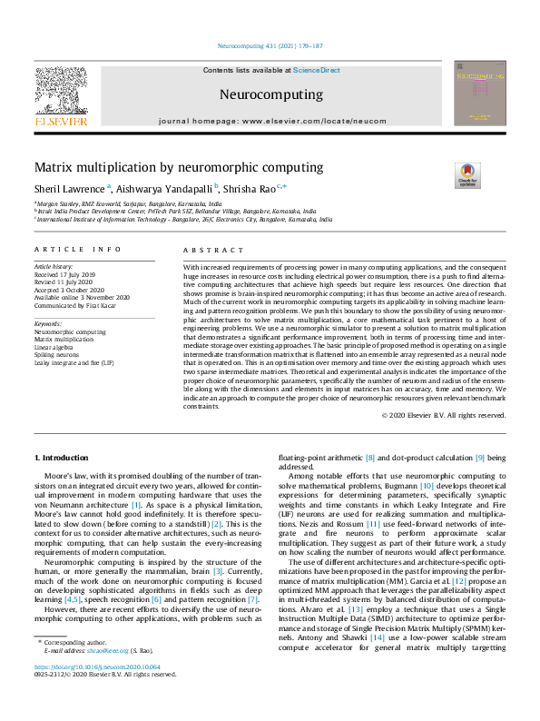 (PDF) Matrix multiplication by neuromorphic computing