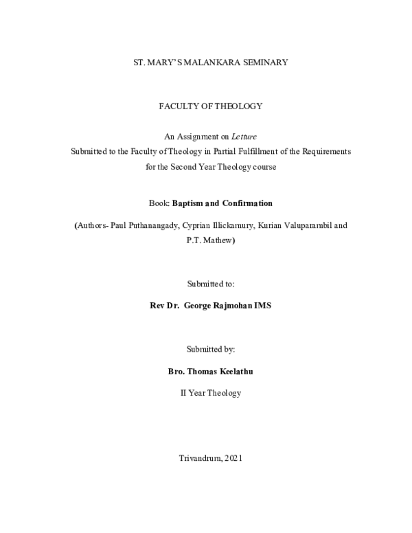 (DOC) St. Mary's Malankara Seminary FACULTY OF THEOLOGY An Assignment ...