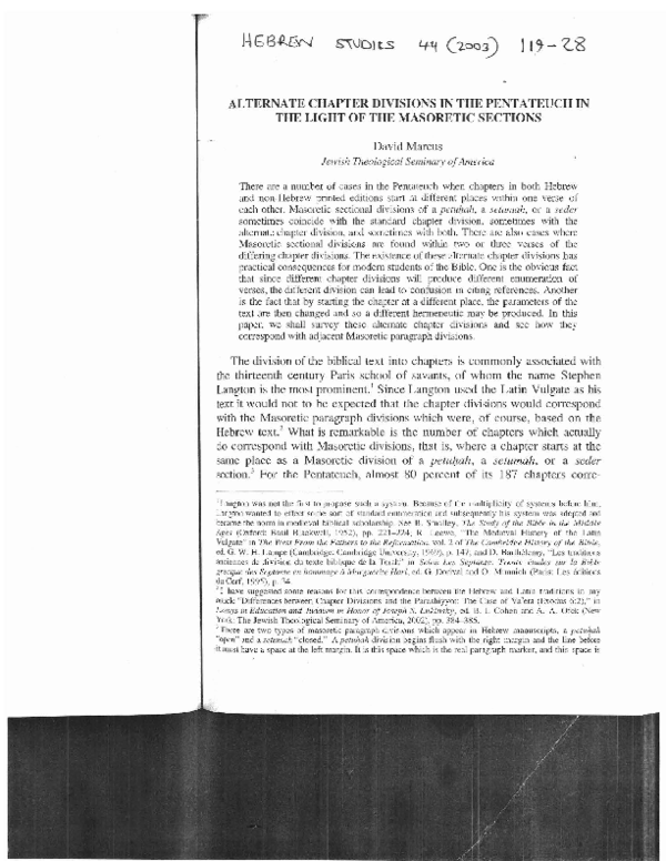 (PDF) Alternate Chapter Divisions in the Light of the Masoretic Sections