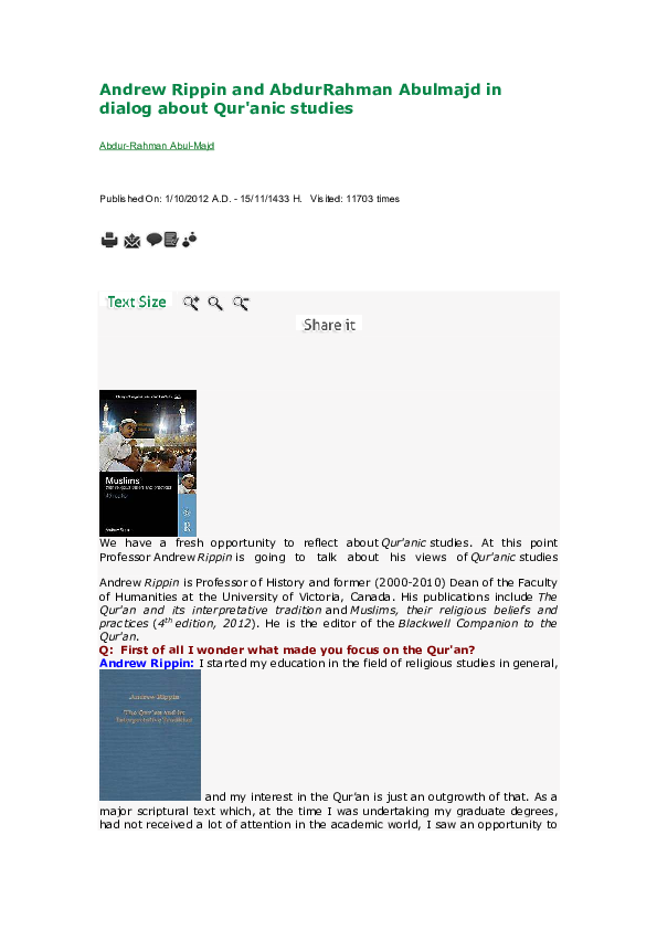 (PDF) Andrew Rippin and AbdurRahman Abulmajd in dialog about Qur'anic ...