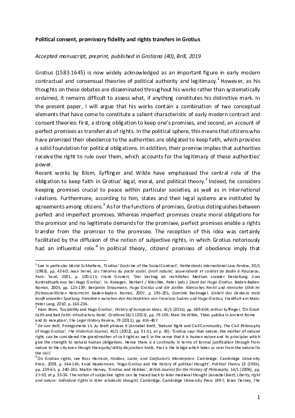 (PDF) Political consent, promissory fidelity and right transfers in Grotius