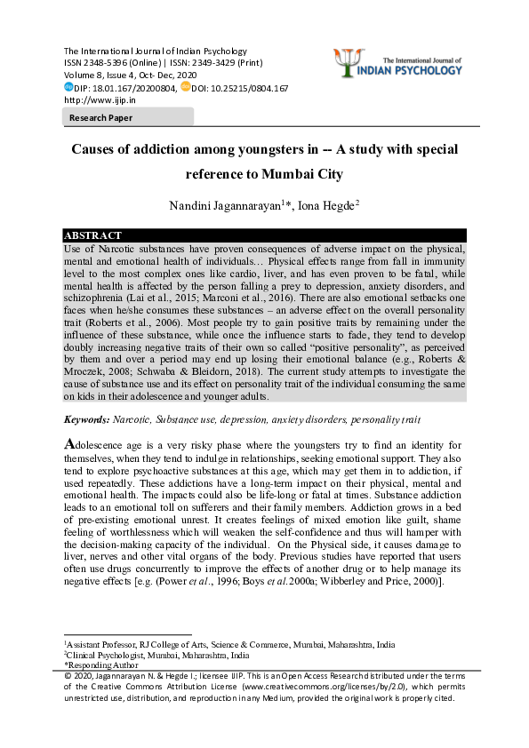 (PDF) Causes of addiction among youngsters in --A study with special ...