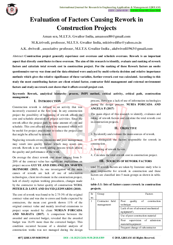 (PDF) Evaluation of Factors Causing Rework in Construction Projects
