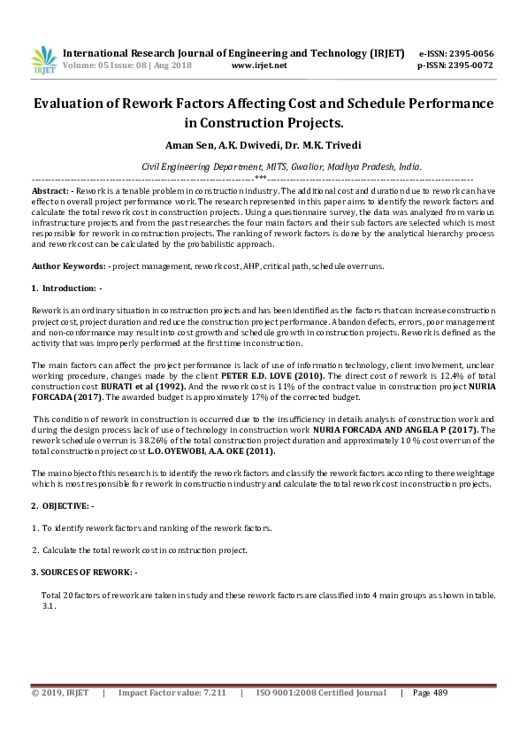 (PDF) Evaluation of Rework Factors Affecting Cost and Schedule ...