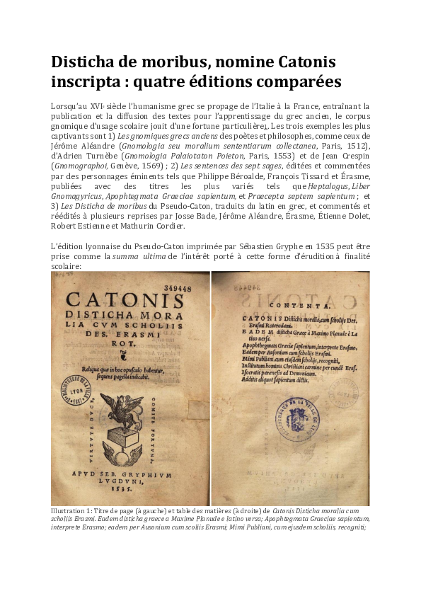 (PDF) Disticha de moribus, nomine Catonis inscripta : quatre éditions ...