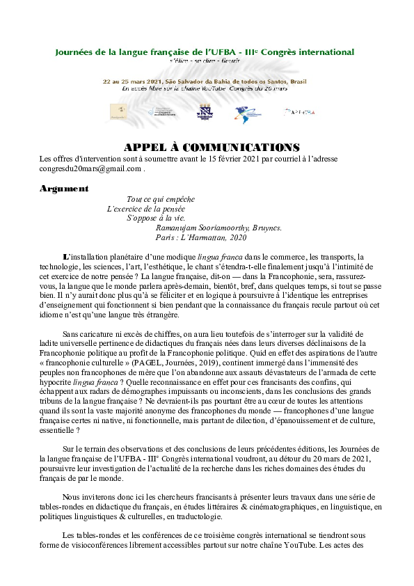 (PDF) Journée de la Langue Française de l'UFBA APPEL À COMMUNICATIONS