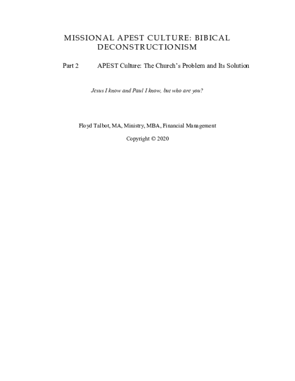 (PDF) APEST Culture: Part 2 The Church's Problem and Its Solution