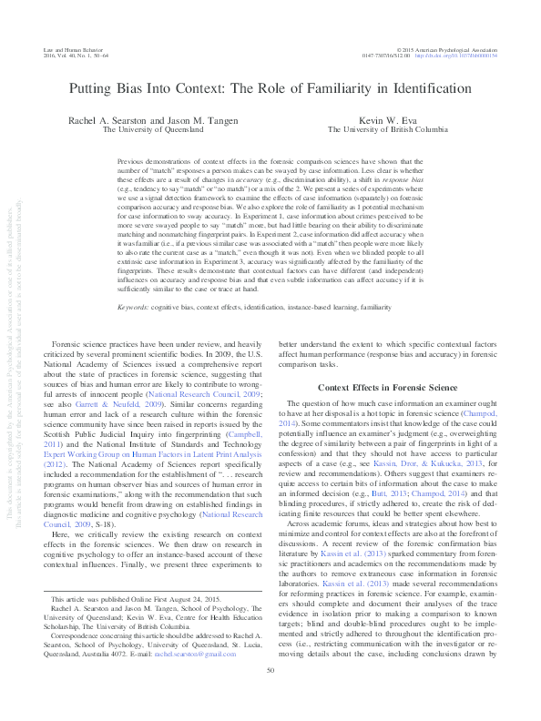 (PDF) Putting bias into context: The role of familiarity in identification