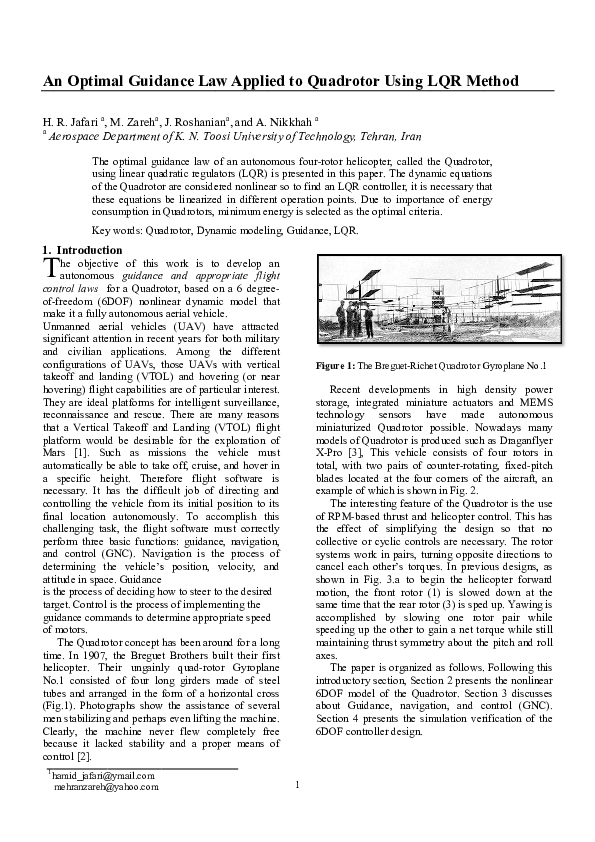 (PDF) An Optimal Guidance Law Applied to Quadrotor Using LQR Method