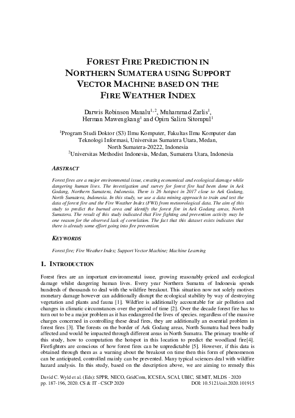 (PDF) FOREST FIRE PREDICTION IN NORTHERN SUMATERA USING SUPPORT VECTOR MACHINE BASED ON THE FIRE ...