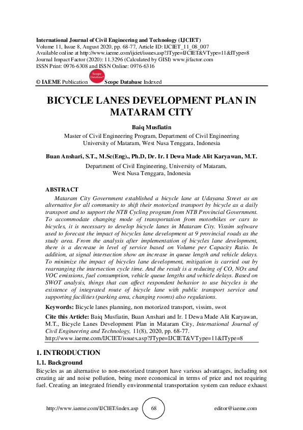 (PDF) BICYCLE LANES DEVELOPMENT PLAN IN MATARAM CITY