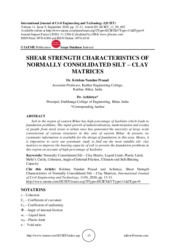 (PDF) SHEAR STRENGTH CHARACTERISTICS OF NORMALLY CONSOLIDATED SILT ...