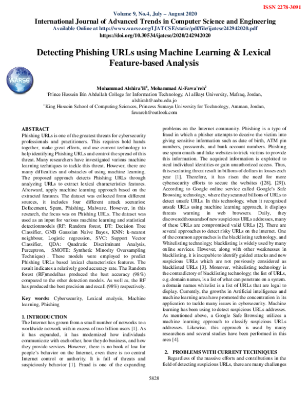 (PDF) Detecting Phishing URLs using Machine Learning & Lexical Feature-ba sed Analysis
