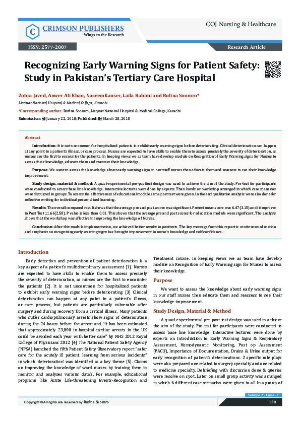 (PDF) Recognizing Early Warning Signs for Patient Safety: Study in ...