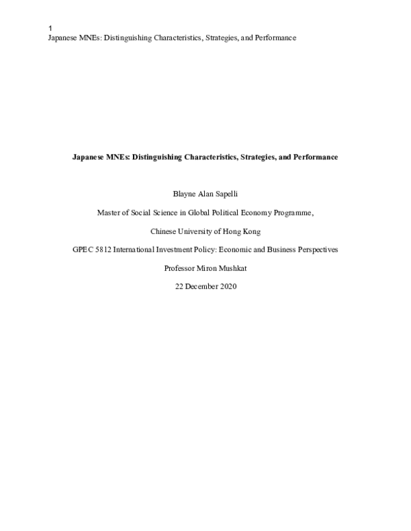 (DOC) Japanese MNEs: Distinguishing Characteristics, Strategies, and Performance