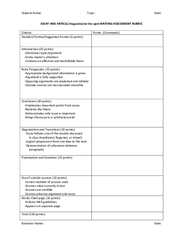 (PDF) Essay and Article Assessment rubric for students development