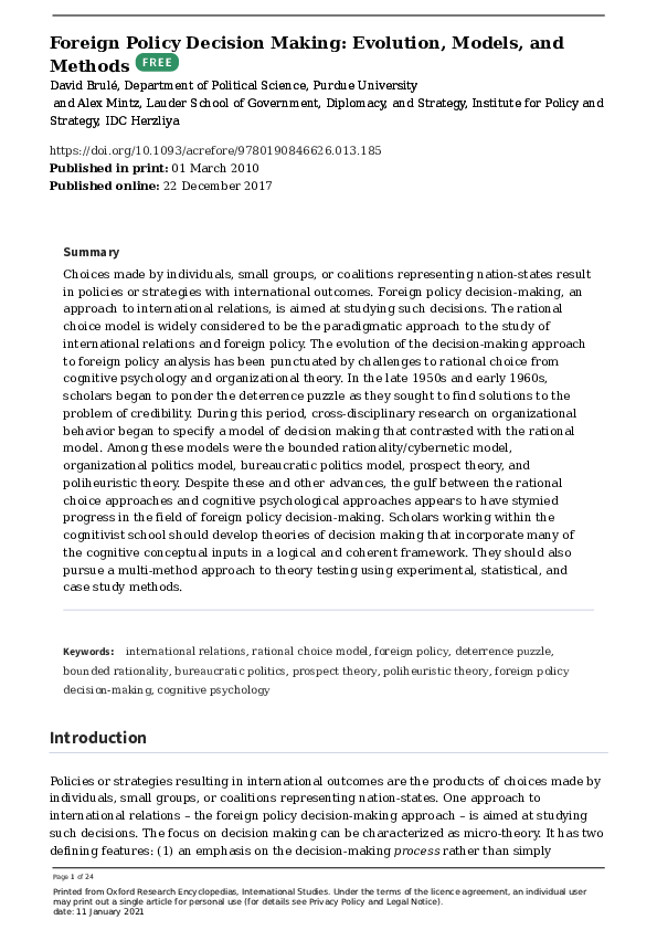 (PDF) Foreign Policy Decision Making: Evolution, Models, and Methods