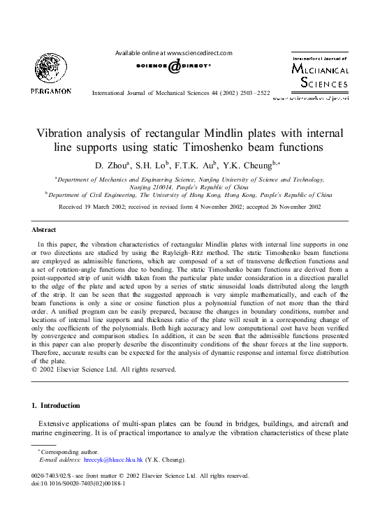 Pdf Vibration Analysis Of Rectangular Mindlin Plates With Internal Line Supports Using Static