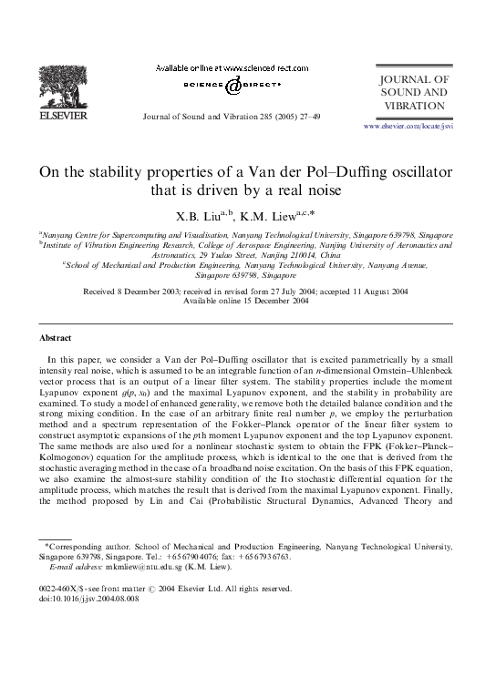 (PDF) On the stability properties of a Van der Pol–Duffing oscillator that is driven by a real noise