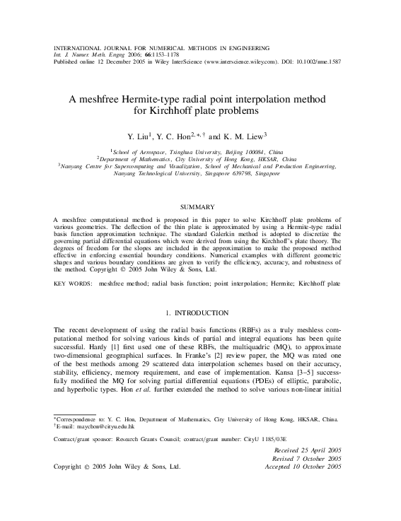 (PDF) A meshfree Hermite‐type radial point interpolation method for Kirchhoff plate problems