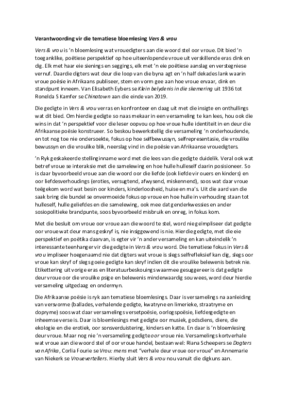 (PDF) Verantwoording vir die tematiese bloemlesing Vers & vrou