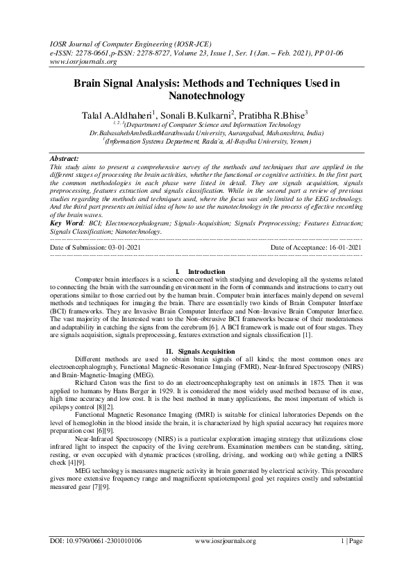 (PDF) Brain Signal Analysis: Methods and Techniques Used in Nanotechnology