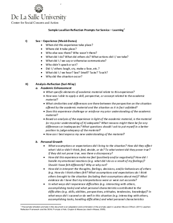(PDF) Sample Lasallian Reflection Prompts for Service -Learning