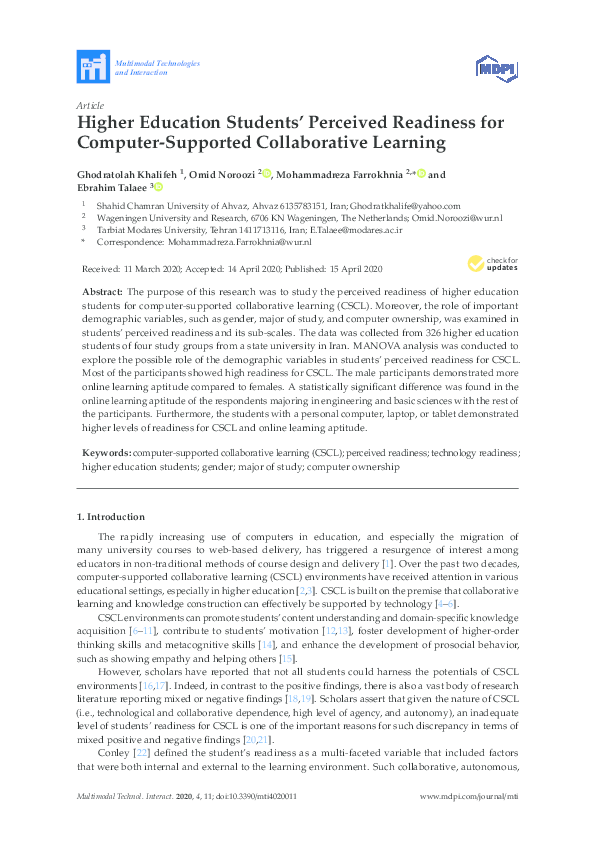 (PDF) Higher Education Students' Perceived Readiness for Computer-Supported Collaborative Learning
