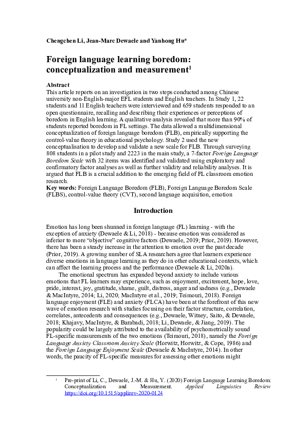(DOC) Foreign language learning boredom: conceptualization and measurement