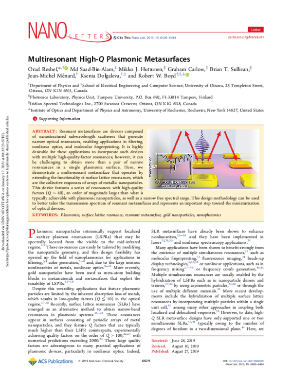 (PDF) Multiresonant High-Q Plasmonic Metasurfaces | M Saad Bin-Alam - Academia.edu