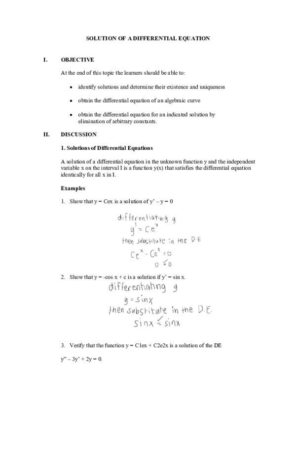 (DOC) SOLUTION OF A DIFFERENTIAL EQUATION