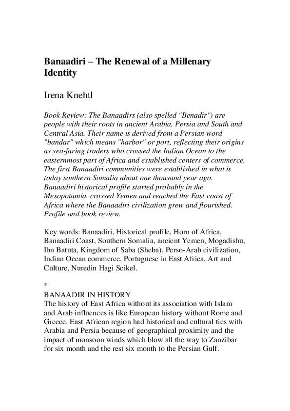 (PDF) Banaadiri -The Renewal of a Millenary Identity