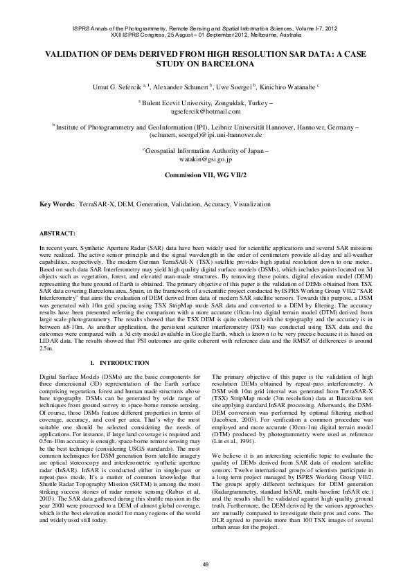 (PDF) VALIDATION OF DEMs DERIVED FROM HIGH RESOLUTION SAR DATA: A CASE ...
