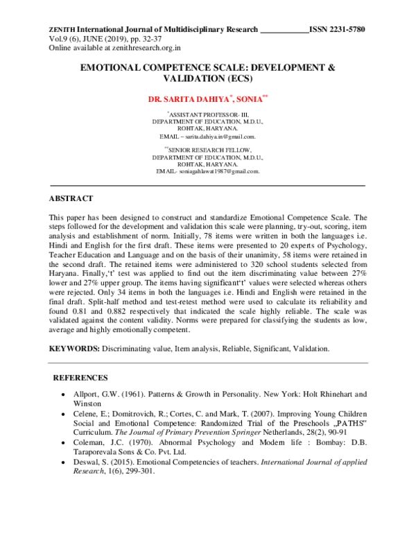 (PDF) EMOTIONAL COMPETENCE SCALE: DEVELOPMENT & VALIDATION (ECS)