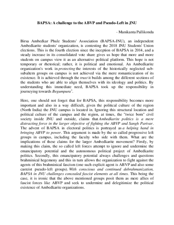 (PDF) BAPSA: A challenge to the ABVP and Pseudo-Left in JNU