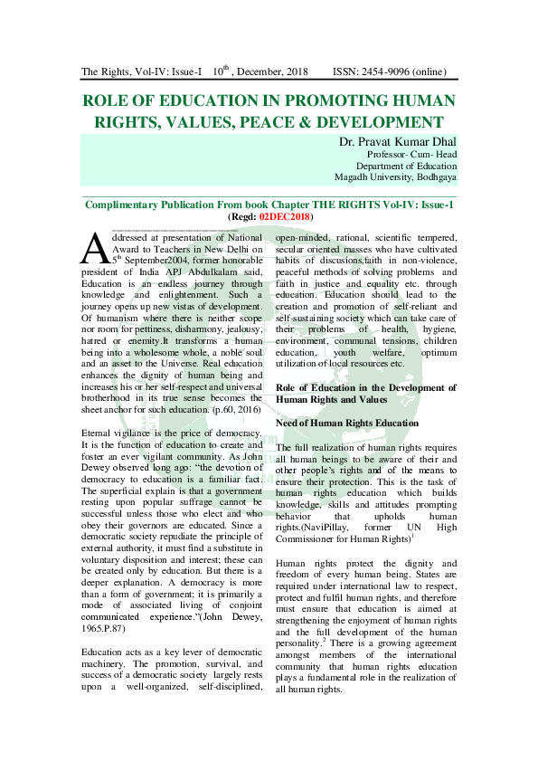 (PDF) ROLE OF EDUCATION IN PROMOTING HUMAN RIGHTS, VALUES, PEACE ...