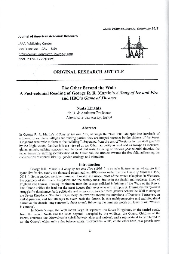 (PDF) The Other Beyond the Wall: A Post-colonial Reading of George R. R ...