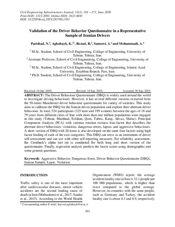 (PDF) Validation of the Driver Behavior Questionnaire in a Representative Sample of Iranian Drivers