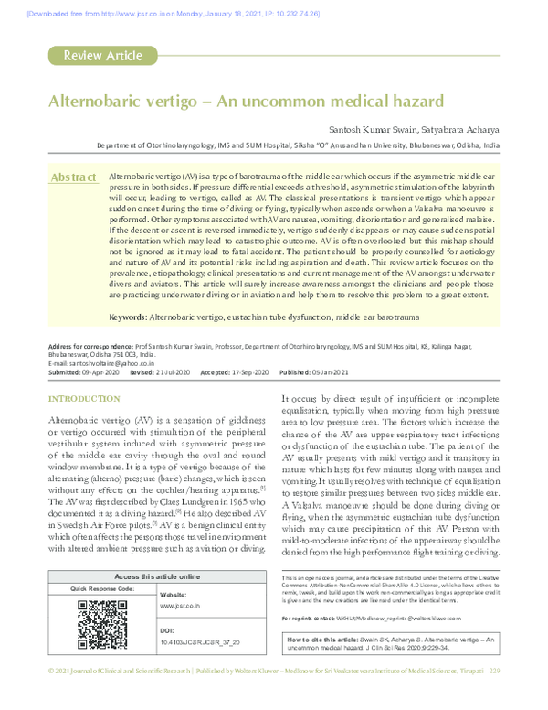 (PDF) Alternobaric vertigo -An uncommon medical hazard