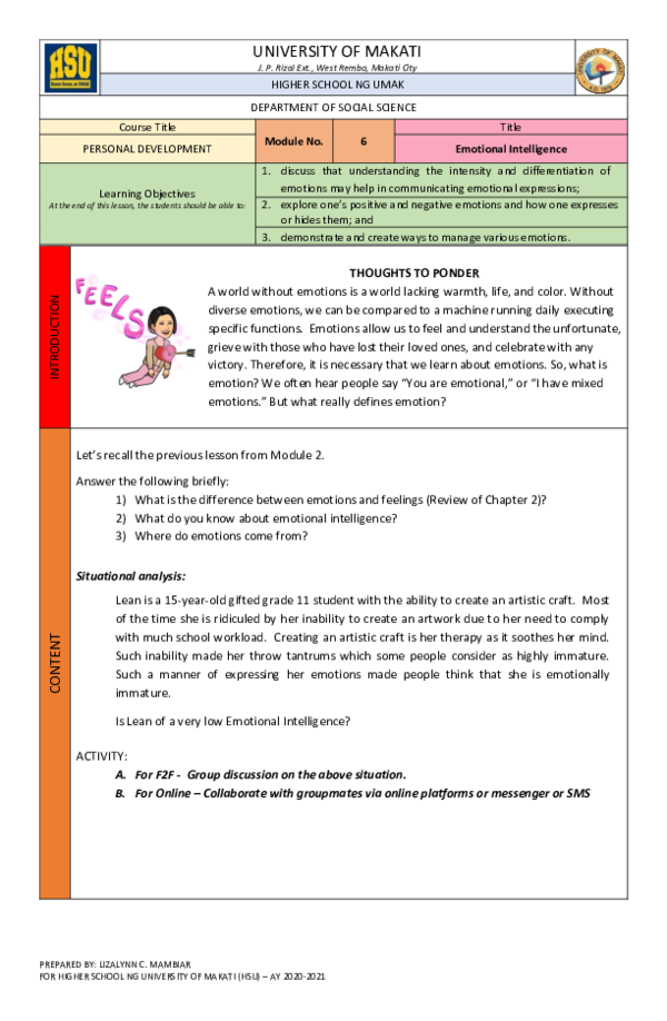 (PDF) Module No. 6 Emotional Intelligence