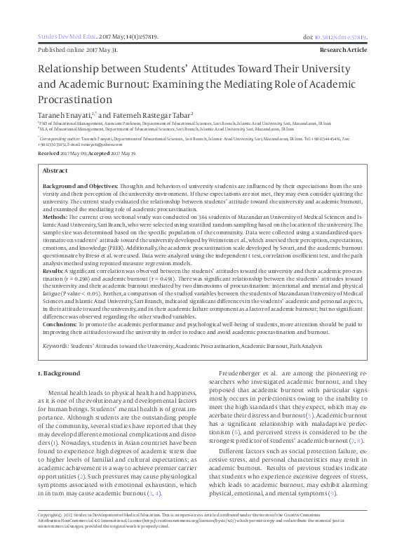 (PDF) Relationship between Students’ Attitudes Toward Their University and Academic Burnout ...