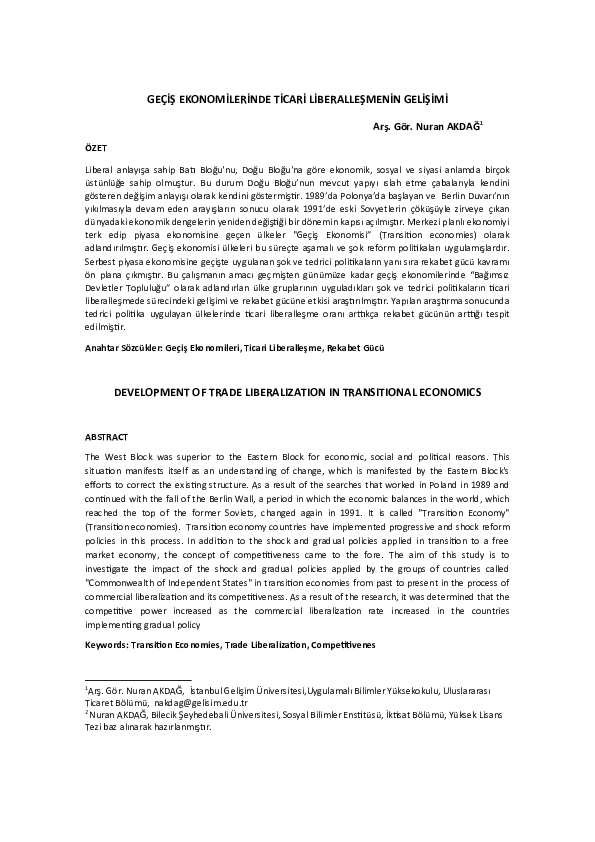 (DOC) GEÇİŞ EKONOMİLERİNDE TİCARİ LİBERALLEŞMENİN GELİŞİMİ DEVELOPMENT ...
