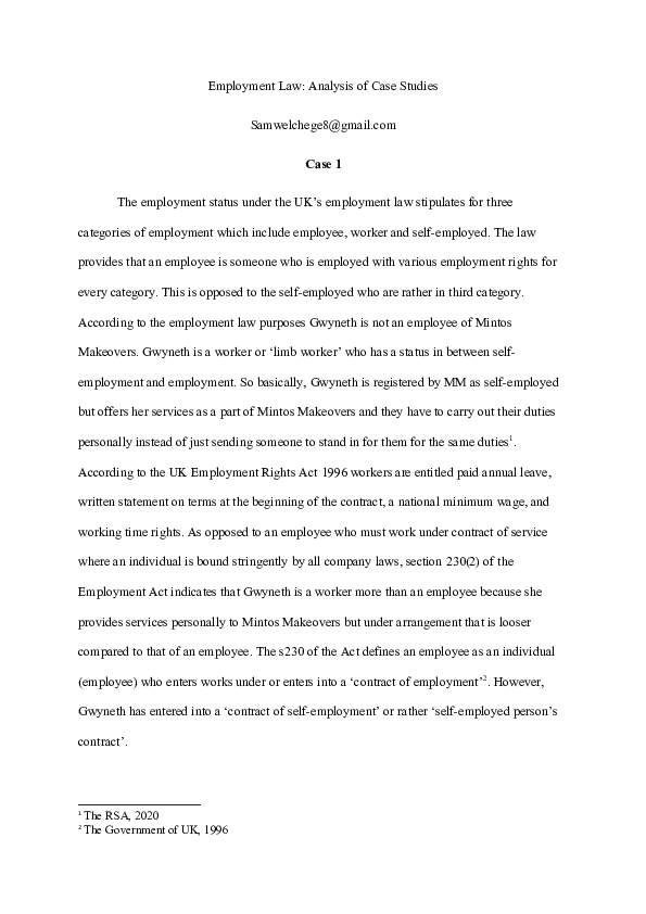 (DOC) Employment Law: Analysis of Case Studies