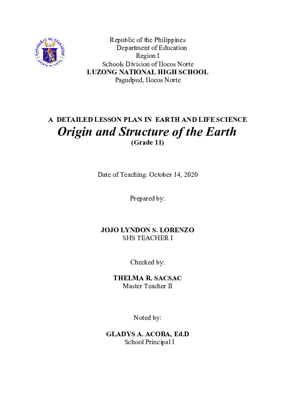 (DOC) Origin and Structure of the Earth A Detailed Lesson Plan in Earth ...