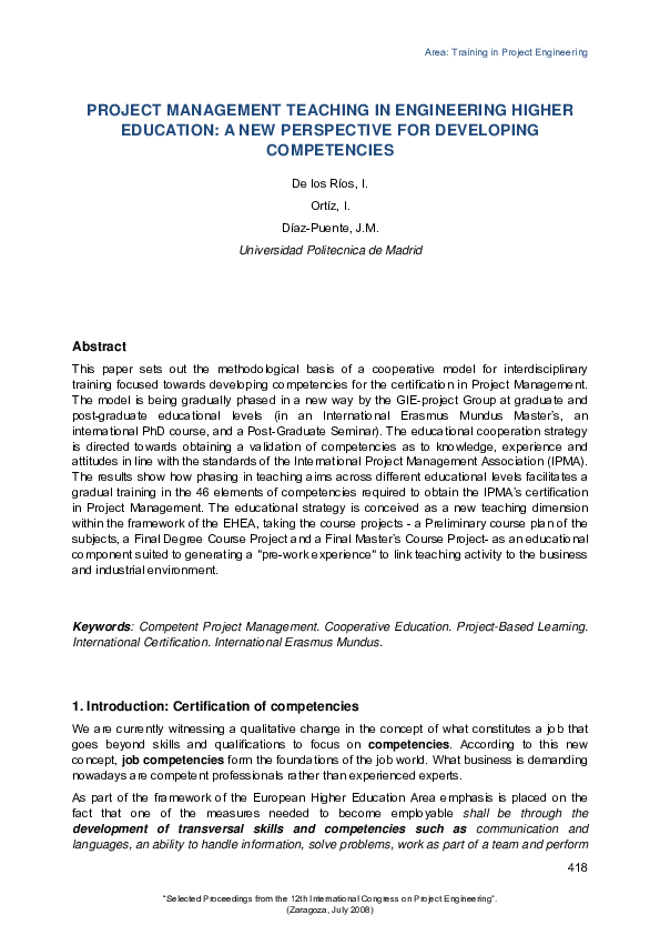 (PDF) Project management teaching in engineering higher education: A ...