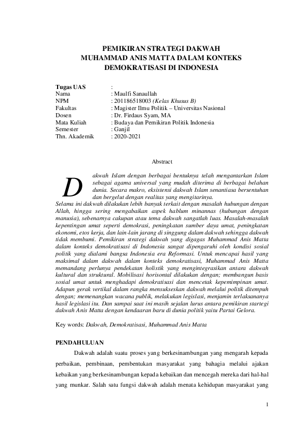 (PDF) PEMIKIRAN STRATEGI DAKWAH MUHAMMAD ANIS MATTA DALAM KONTEKS ...