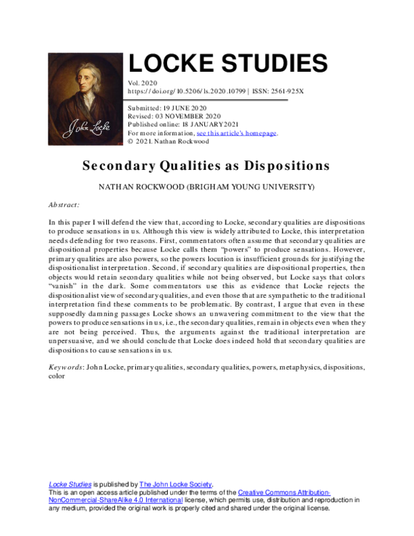 (PDF) Secondary Qualities as Dispositions