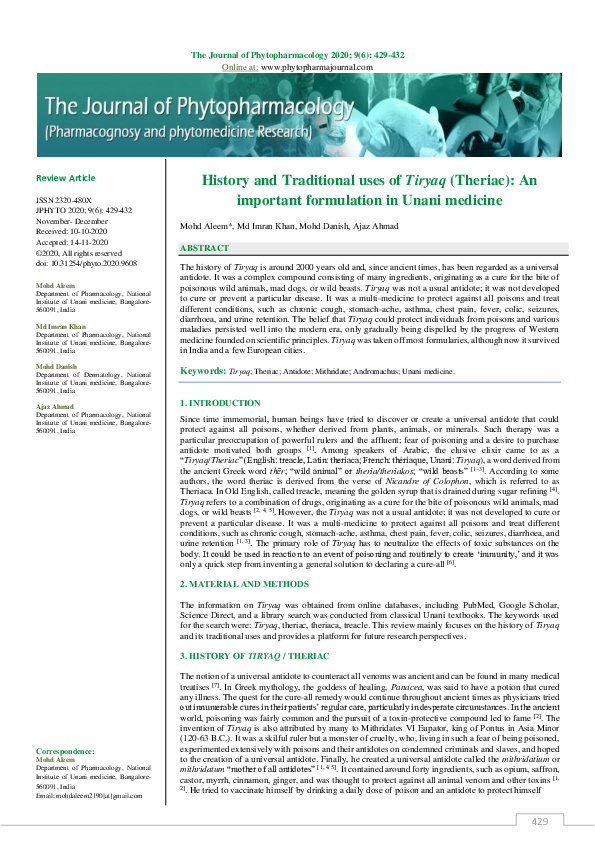 (PDF) History and Traditional uses of Tiryaq (Theriac): An important ...