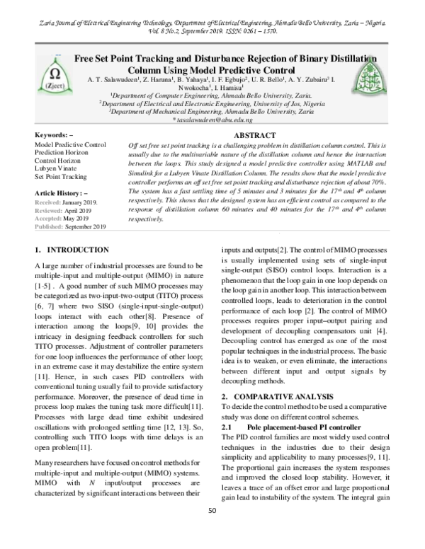 Pdf Offset Free Set Point Tracking And Disturbance Rejection Of Binary Distillation Column